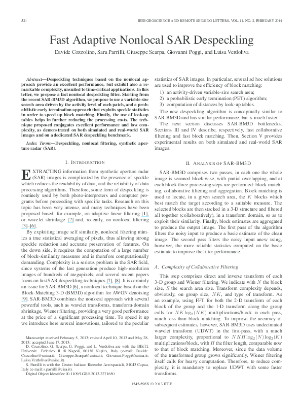 Pdf Fast Adaptive Nonlocal Sar Despeckling 