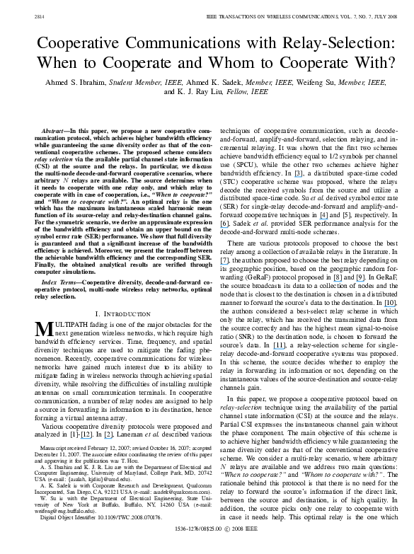Pdf Cooperative Communications With Relay Selection For Wireless