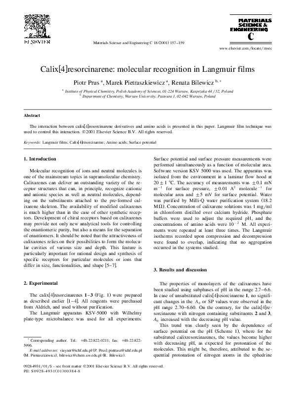 (PDF) Calix [4] resorcinarene: molecular recognition in Langmuir films