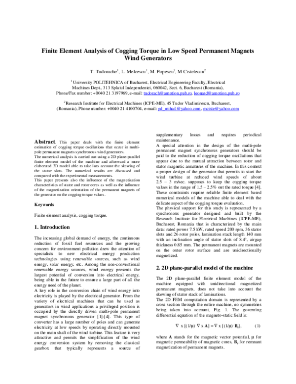 Pdf Finite Element Analysis Of Cogging Torque In Low Speed Permanent