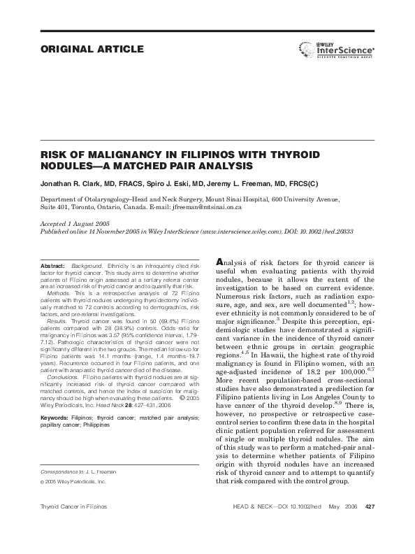 (PDF) Risk of malignancy in Filipinos with thyroid nodules—A matched ...