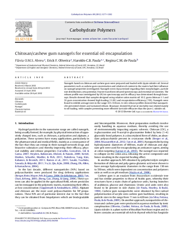 Pdf Chitosan Cashew Gum Nanogels For Essential Oil Encapsulation