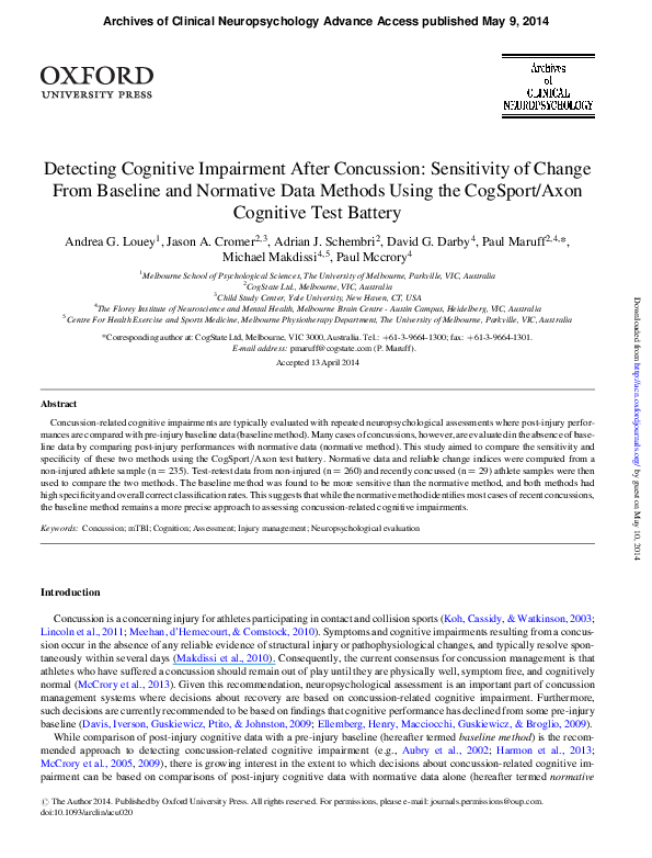 (PDF) Detecting Cognitive Impairment After Concussion: Sensitivity of Change From Baseline and ...