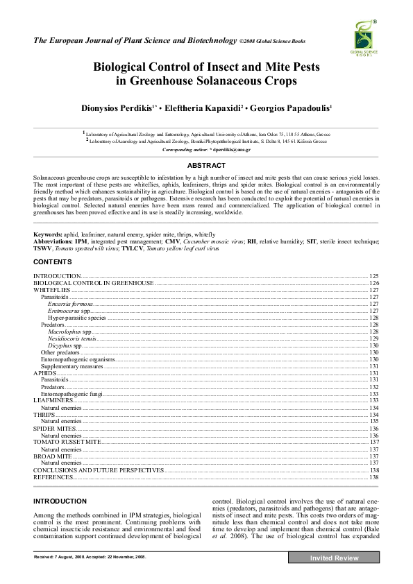Biological Control of Insect and Mite Pests in Greenhouse Solanaceous Crops