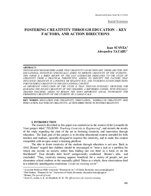 FOSTERING CREATIVITY THROUGH EDUCATION – KEY FACTORS, AND ACTION DIRECTIONS