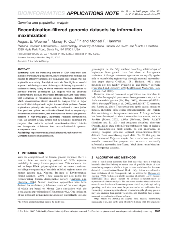Pdf Recombination Filtered Genomic Datasets By Information Maximization Murray Cox