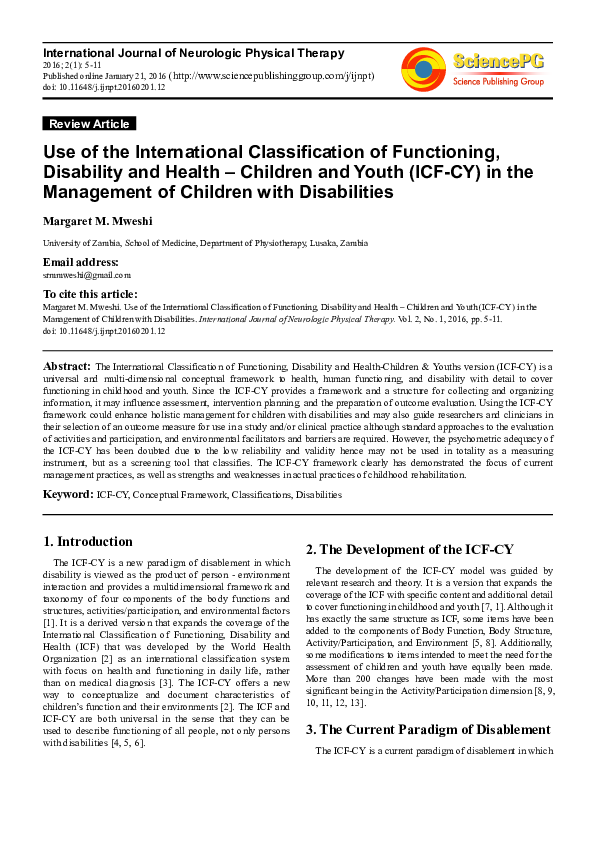 (PDF) Use of the International Classification of Functioning, Disability and Health – Children ...