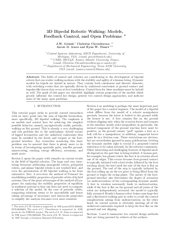 Pdf Models Feedback Control And Open Problems Of 3d Bipedal Robotic Walking