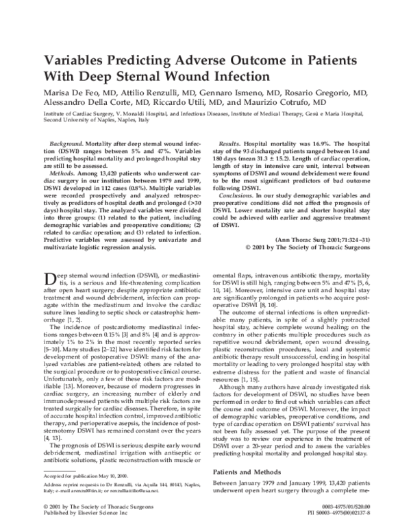 (PDF) Variables predicting adverse outcome in patients with deep sternal wound infection