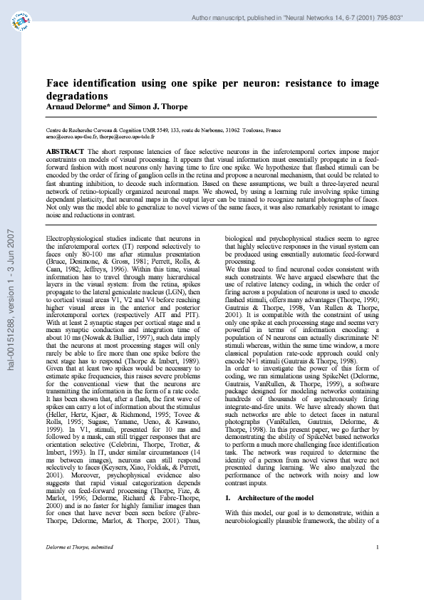 (PDF) Face identification using one spike per neuron: resistance to image degradations