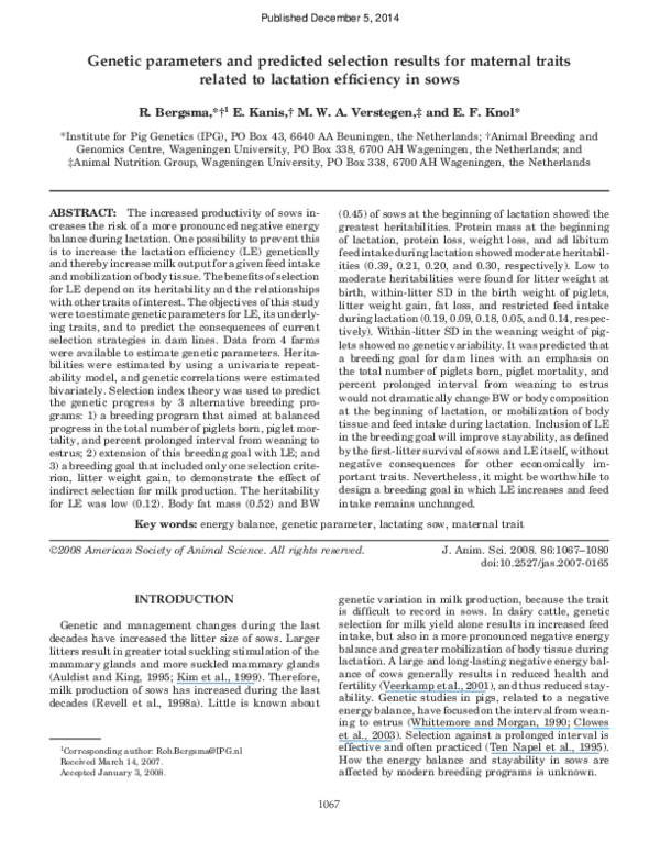 (PDF) Genetic parameters and predicted selection results for maternal traits related to ...