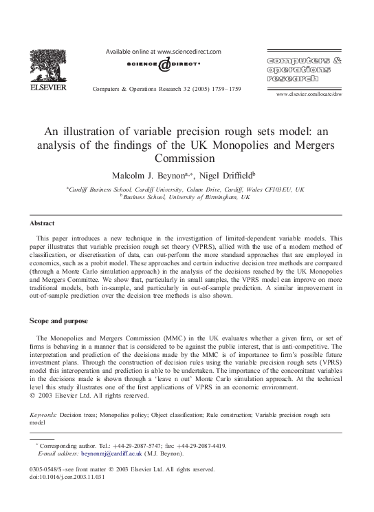 Pdf An Illustration Of Variable Precision Rough Sets Model An Analysis Of The Findings Of The