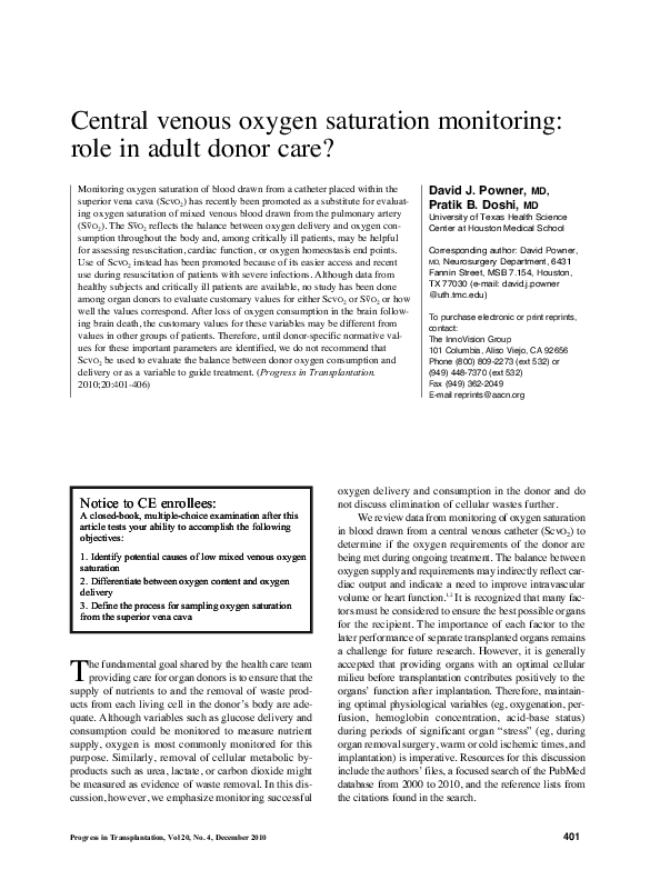 (PDF) Central venous oxygen saturation monitoring: role in adult donor care?