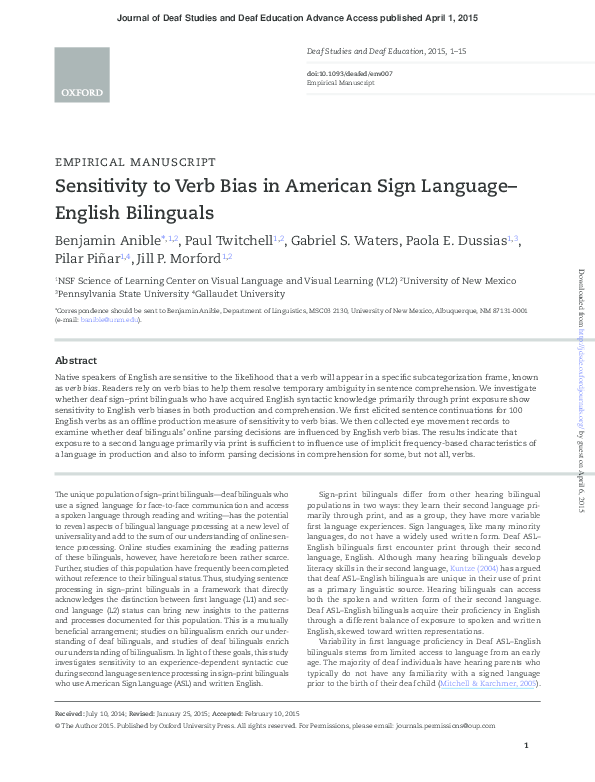 (PDF) Sensitivity to Verb Bias in American Sign Language-English Bilinguals