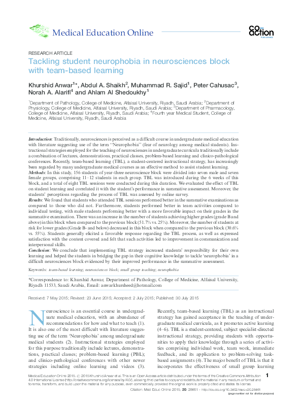 (PDF) Tackling student neurophobia in neurosciences block with team ...