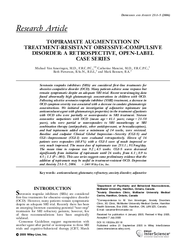 (PDF) Topiramate augmentation in treatment-resistant obsessive–compulsive disorder: a ...