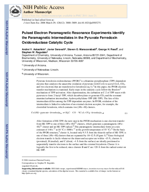 (PDF) Pulsed Electron Paramagnetic Resonance Experiments Identify the ...