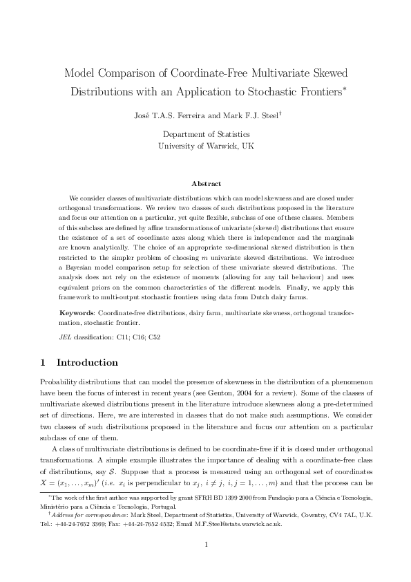 Pdf Model Comparison Of Coordinate Free Multivariate Skewed Distributions With An Application