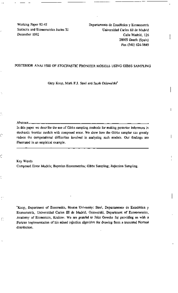 Pdf Posterior Analysis Of Stochastic Frontier Models Using Gibbs Sampling