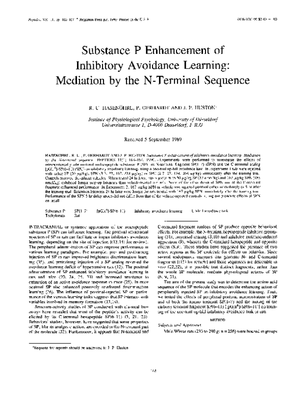 (PDF) Substance P enhancement of inhibitory avoidance learning ...