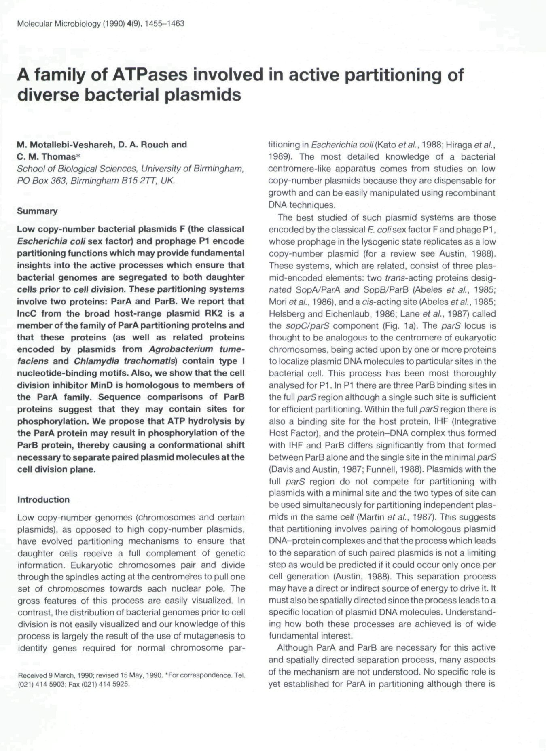 (PDF) A family of ATPases involved in active partitioning of diverse ...