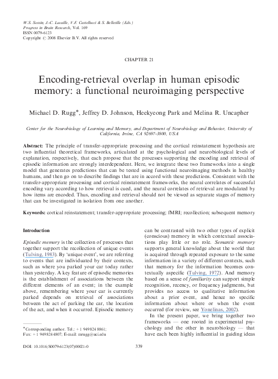 Encoding Retrieval Overlap In Human Episodic Memory A Functional Neuroimaging Perspective