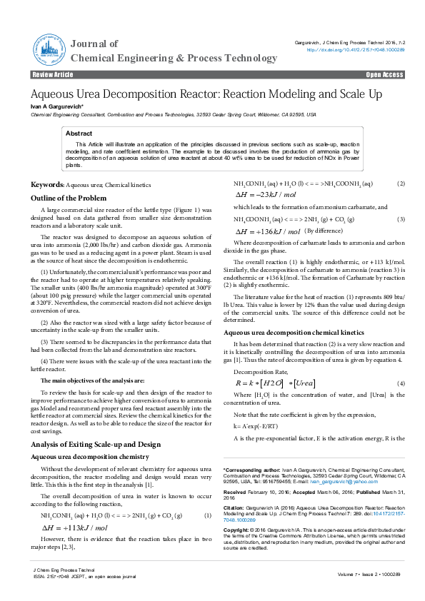 (PDF) Aqueous Urea Decomposition Reactor: Reaction Modeling and Scale Up