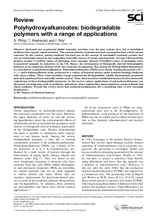 (PDF) Polyhydroxyalkanoates: biodegradable polymers with a range of ...