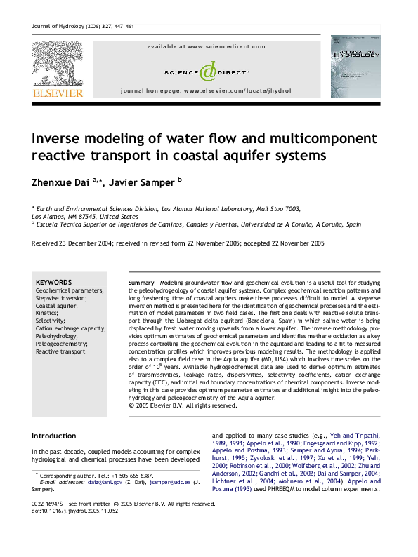 Pdf Inverse Modeling Of Water Flow And Multicomponent Reactive
