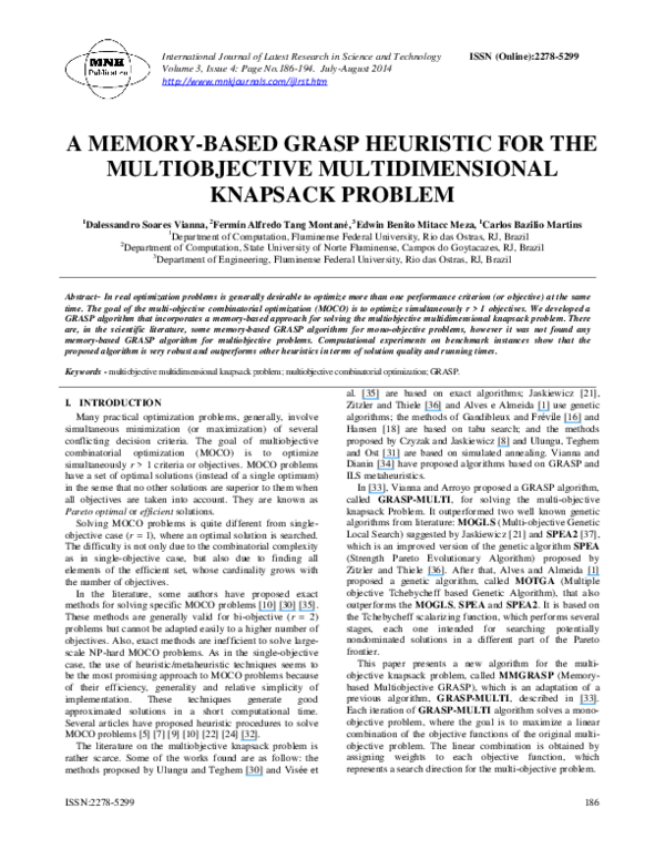 Pdf Memory Based Heuristic For Multiobjective Knapsack