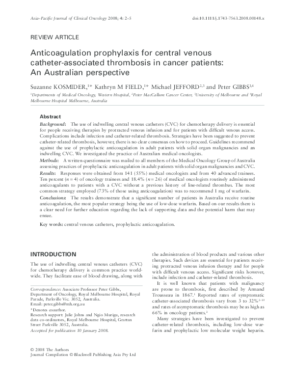 (PDF) Anticoagulation prophylaxis for central venous catheter ...