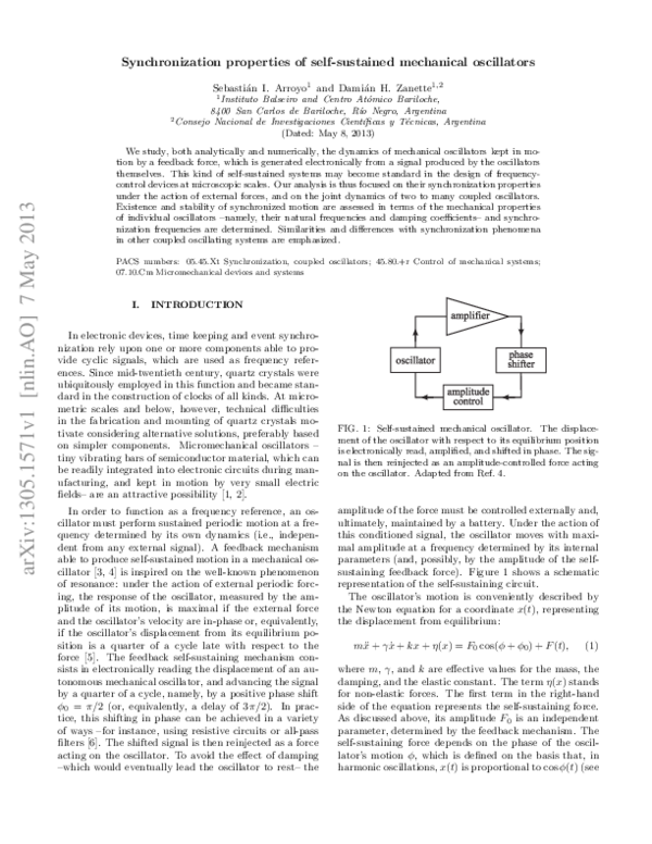 (PDF) Synchronization properties of self-sustained mechanical oscillators