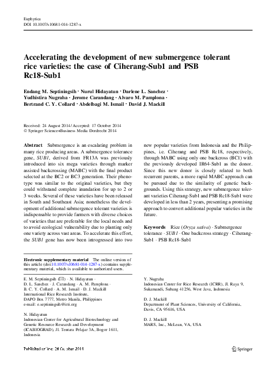 (PDF) Accelerating the development of new submergence tolerant rice ...