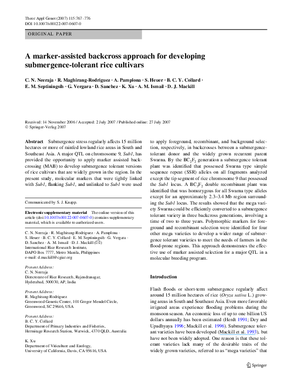 Pdf A Marker Assisted Backcross Approach For Developing Submergence