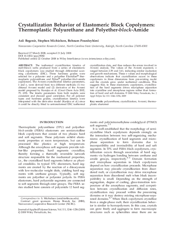 (PDF) Crystallization behavior of elastomeric block copolymers: Thermoplastic polyurethane and ...