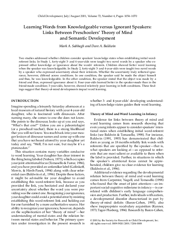 (PDF) Learning Words from Knowledgeable versus Ignorant Speakers: Links Between Preschoolers ...