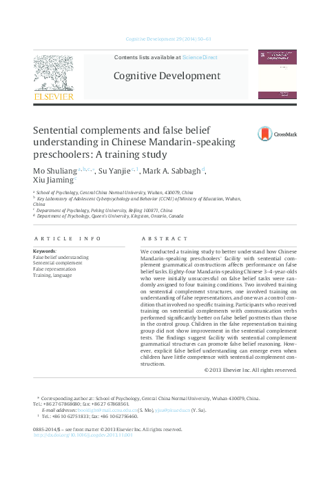 (PDF) Sentential complements and false belief understanding in Chinese ...