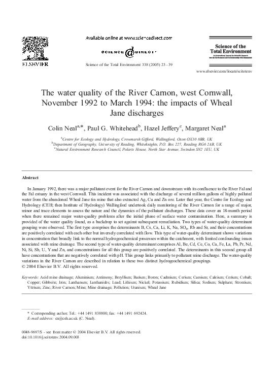 (PDF) The water quality of the River Carnon, west Cornwall, November ...
