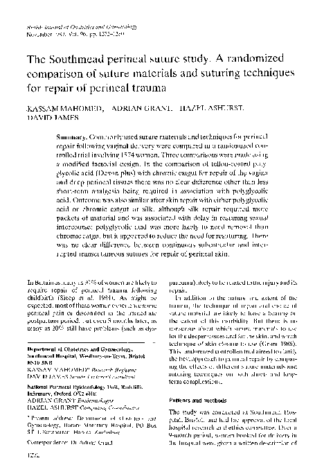 (PDF) The Southmead perineal suture study. A randomized comparison of suture materials and ...
