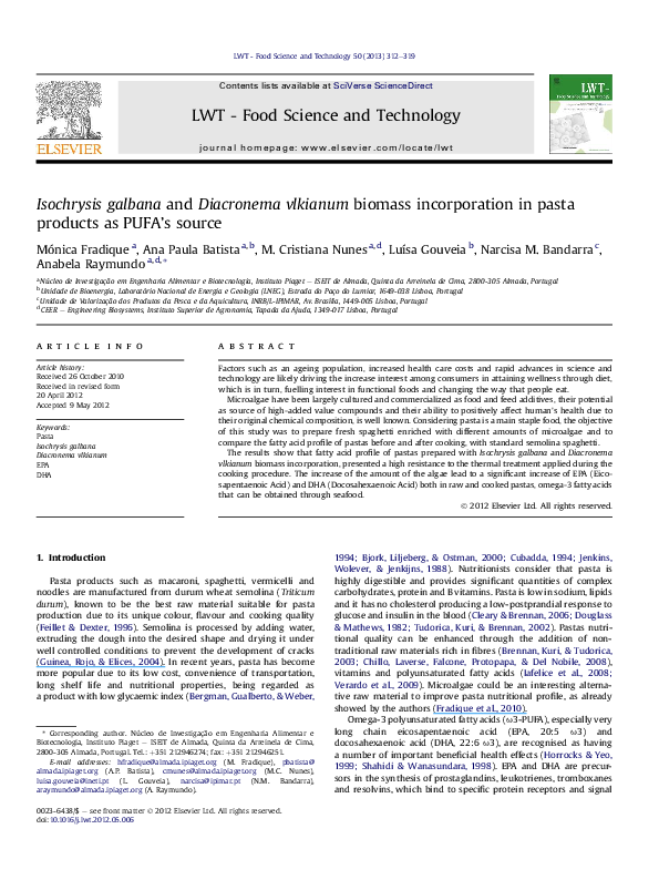 (PDF) Isochrysis galbana and Diacronema vlkianum biomass incorporation ...