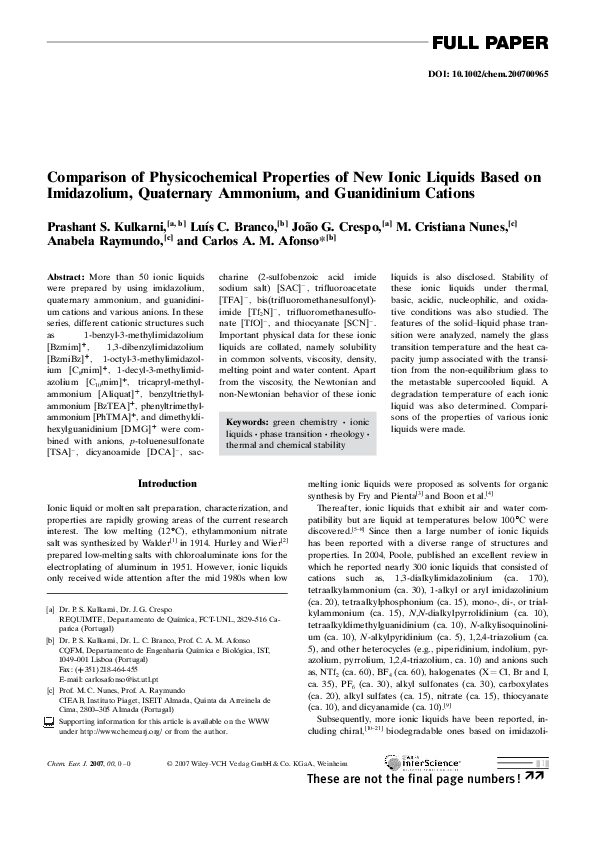 Pdf Comparison Of Physicochemical Properties Of New Ionic Liquids Based On Imidazolium