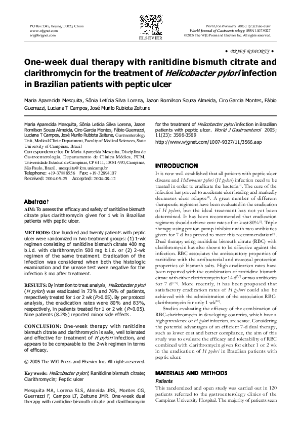 (PDF) One-week dual therapy with ranitidine bismuth citrate and ...