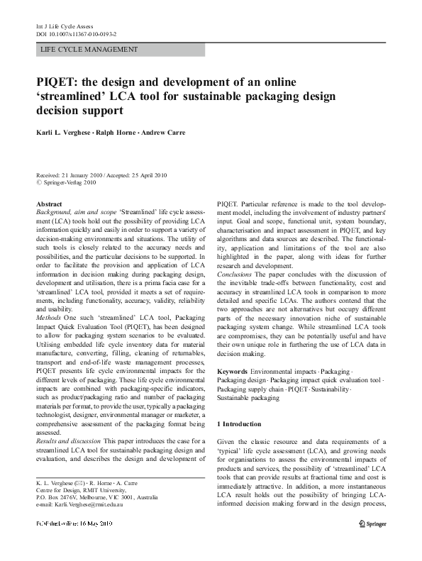 (PDF) PIQET: the design and development of an online ‘streamlined’ LCA ...