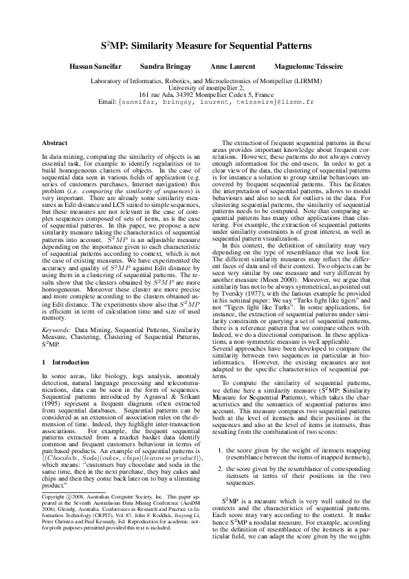 Pdf S2mp Similarity Measure For Sequential Patterns