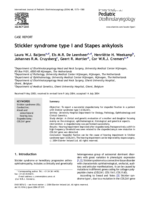 (PDF) Stickler syndrome type I and Stapes ankylosis