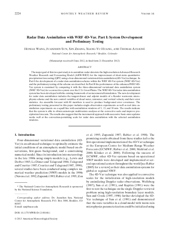 Pdf Radar Data Assimilation With Wrf 4d Var Part I System Development And Preliminary Testing