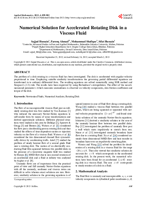 Pdf Numerical Solution For Accelerated Rotating Disk In A Viscous Fluid