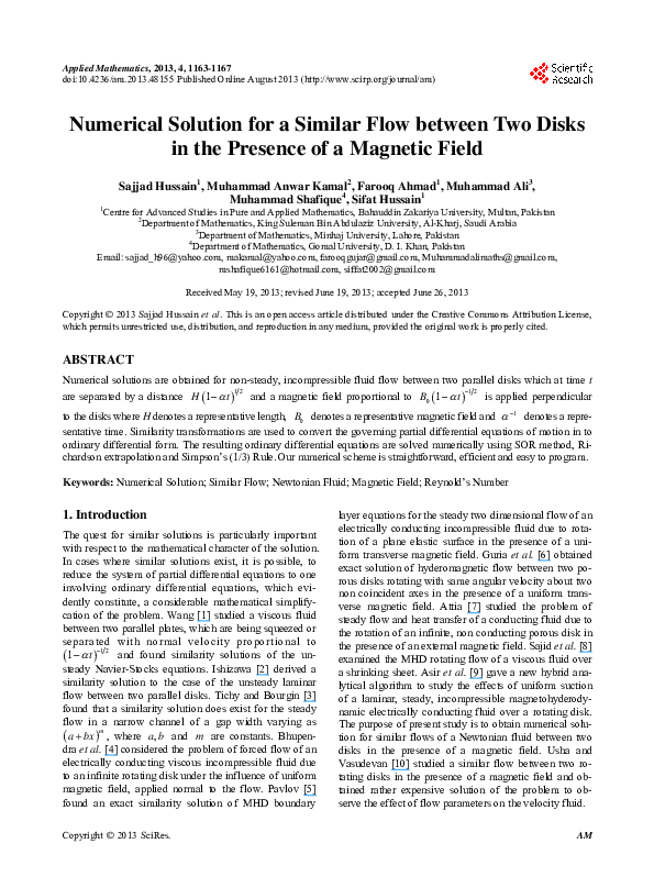 Pdf Numerical Solution For A Similar Flow Between Two Disks In The Presence Of A Magnetic Field