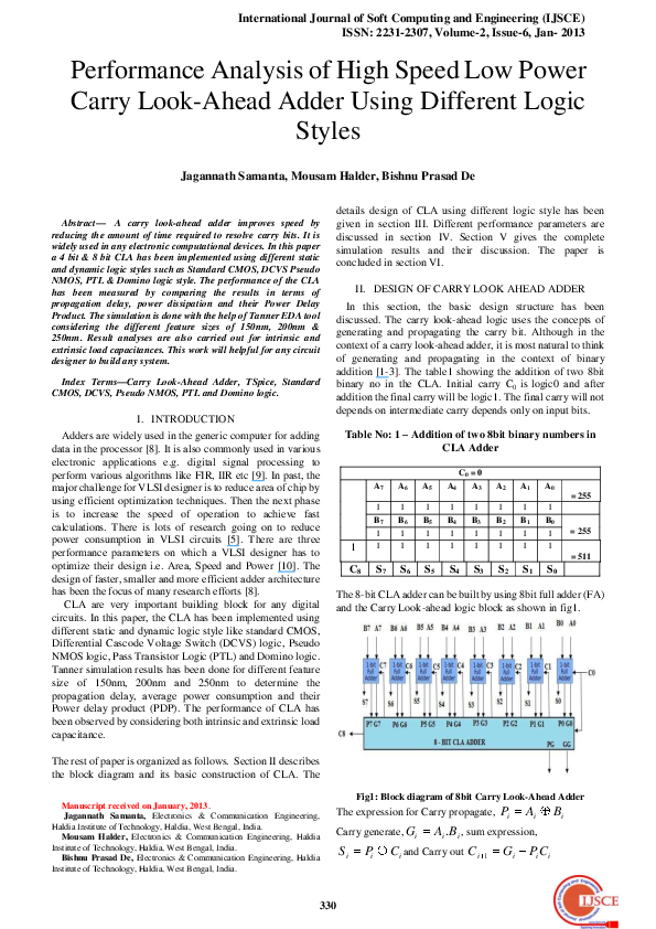 Pdf Performance Analysis Of High Speed Low Power Carry Look Ahead Adder Using Different Logic