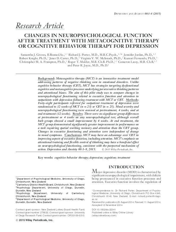 (PDF) CHANGES IN NEUROPSYCHOLOGICAL FUNCTION AFTER TREATMENT WITH METACOGNITIVE THERAPY OR ...